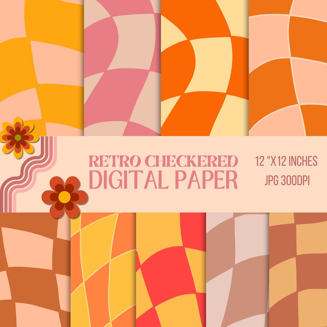 70s Retro Checkered Digital Paper Pack Groovy Scrapbook Paper Printable ...