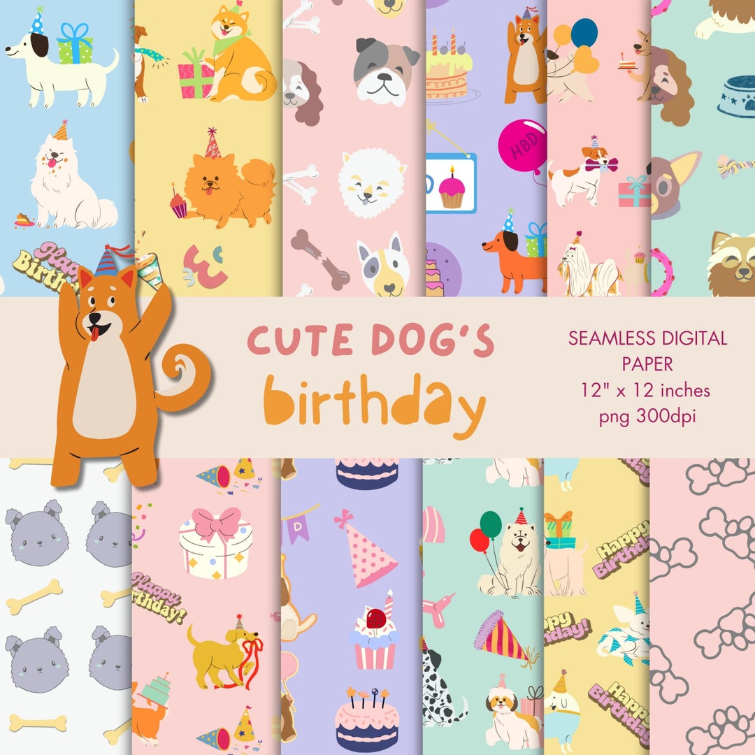 Dog Birthday Seamless Pattern, Puppy Digital Paper (PNG, Commercial ...