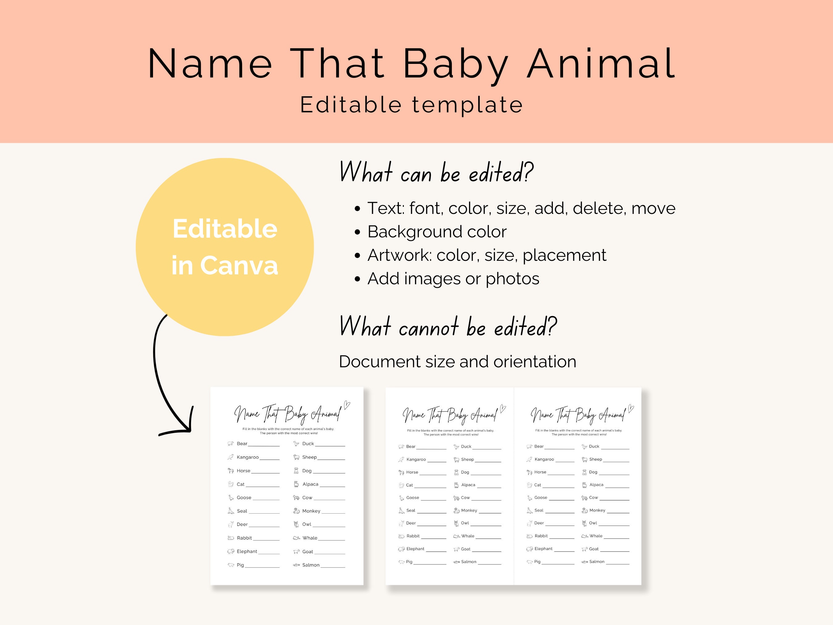 Animal Baby Name Game, Baby Animal Shower Game, Boy or Girl Baby Shower ...