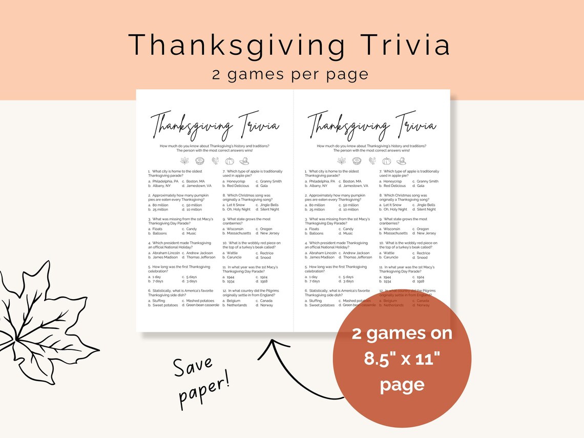 Thanksgiving Trivia, Printable Thanksgiving Game for Friendsgiving ...
