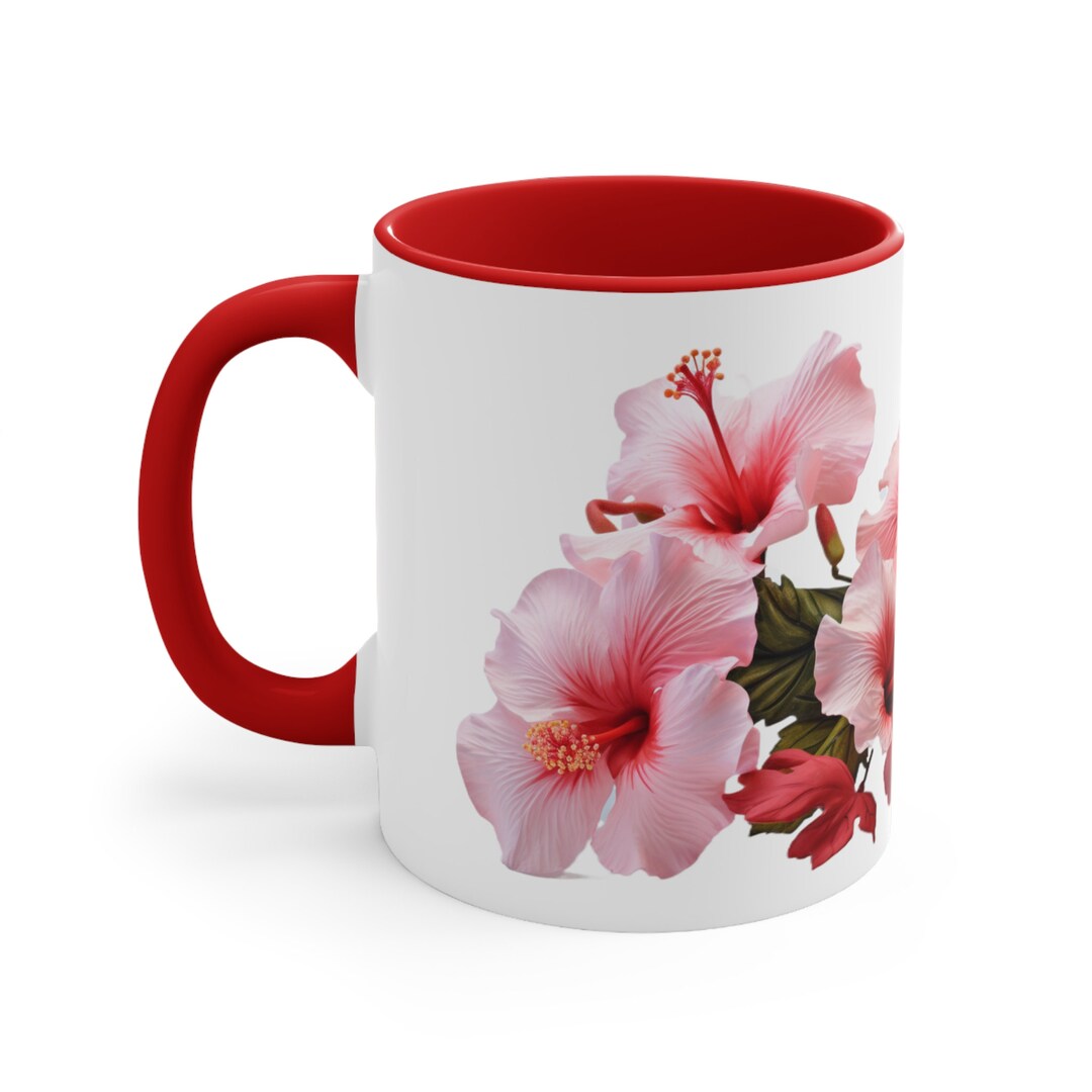 Hibiscus Flower Mug, Gardening Gift, Pink Red Floral Mug, Pressed ...