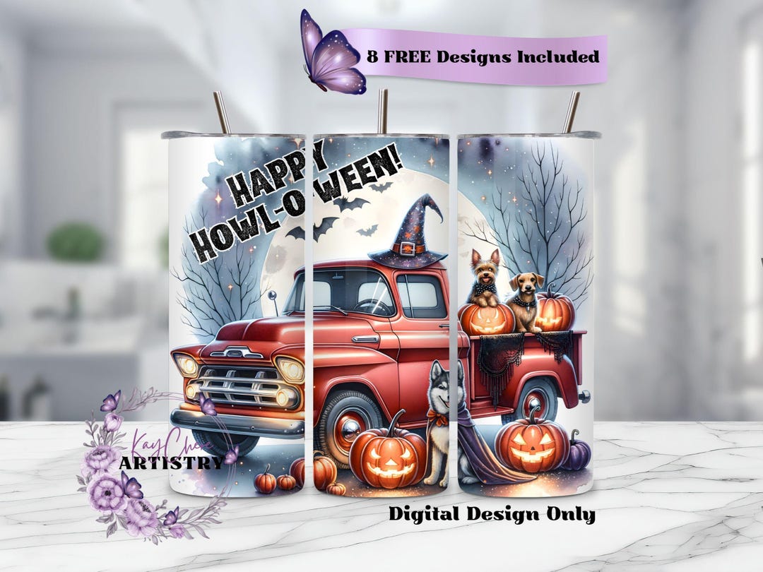 Little Red Truck Fall Tumbler Wrap, Spooky Halloween Truck Dog ...