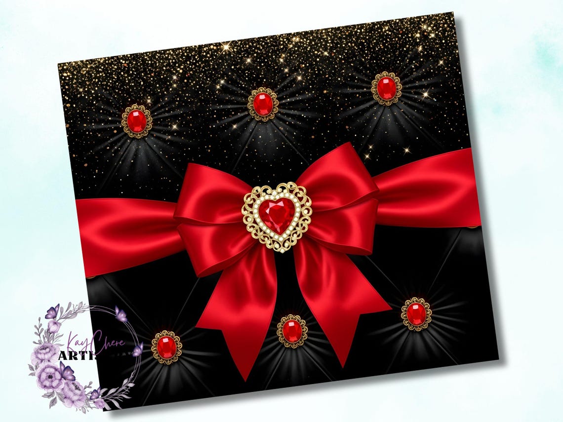Luxury Tumbler Wrap PNG, Black Velvet Ruby Coquette Red Bow 20oz ...
