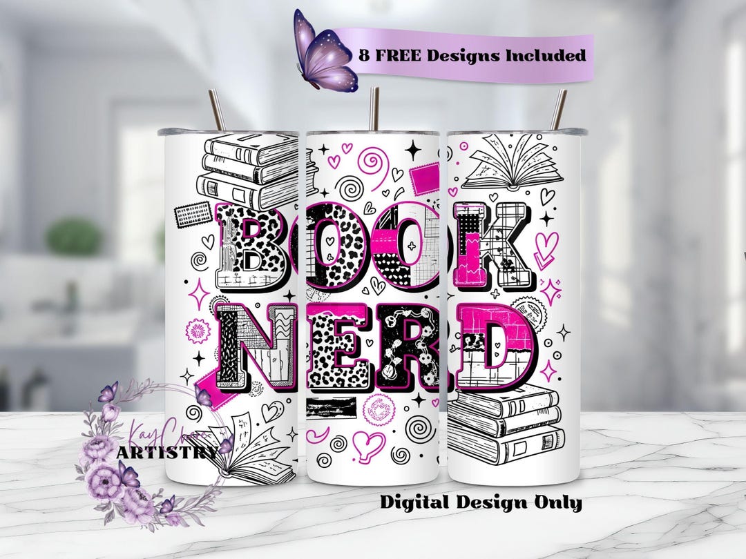 Book Nerds Tumbler Wrap, Retro Doodle Art Bookish PNG, Trendy Library ...