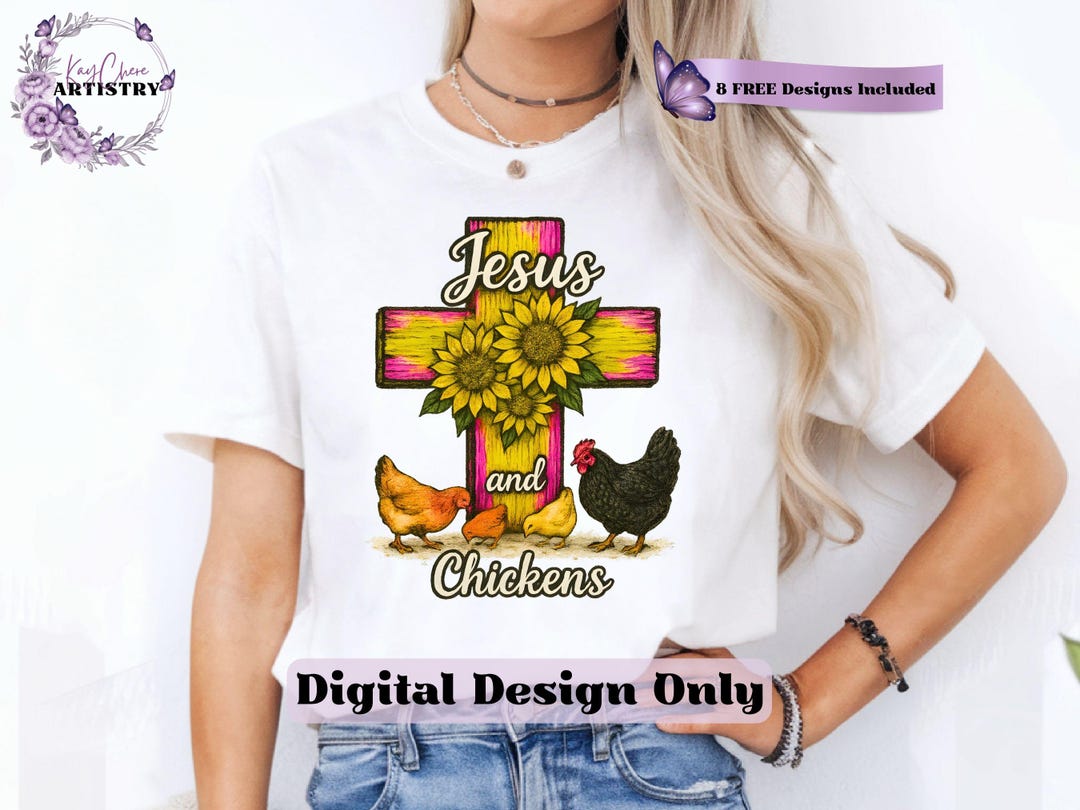 Jesus and Chickens PNG, Christian Farmhouse Sublimation Design ...
