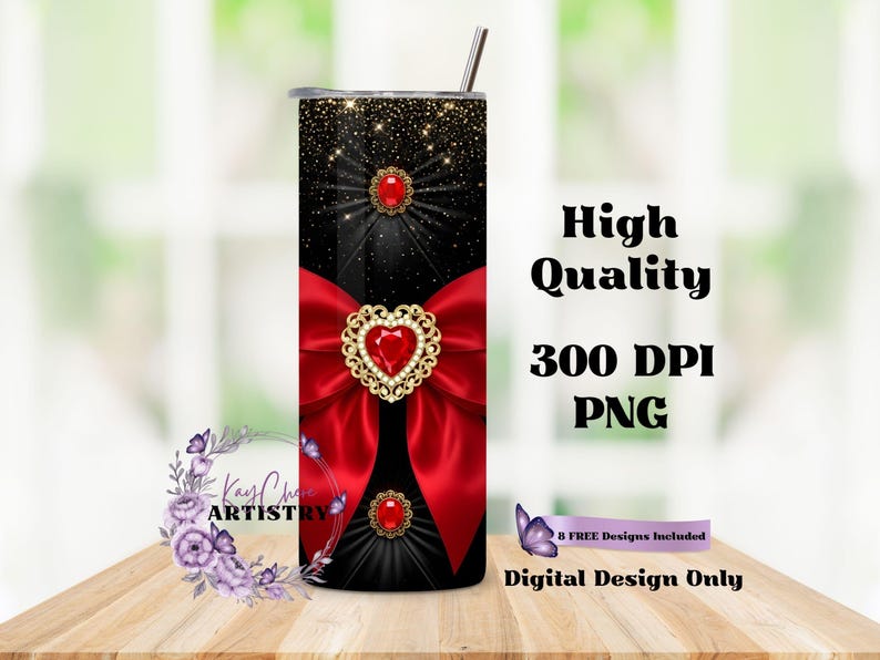 Luxury Tumbler Wrap PNG, Black Velvet Ruby Coquette Red Bow 20oz ...