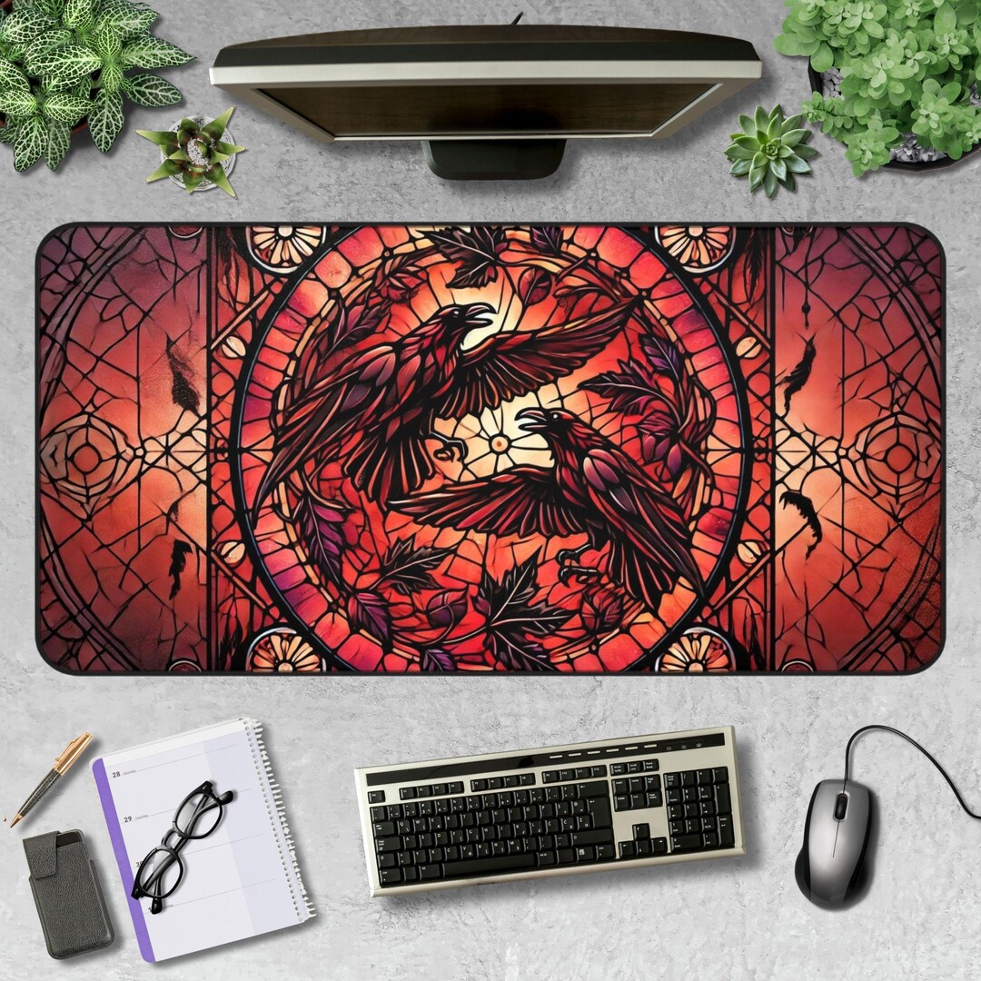 Gothic Ravens Desk Mat, Stained Glass Raven Gothic Cubicle Decor ...