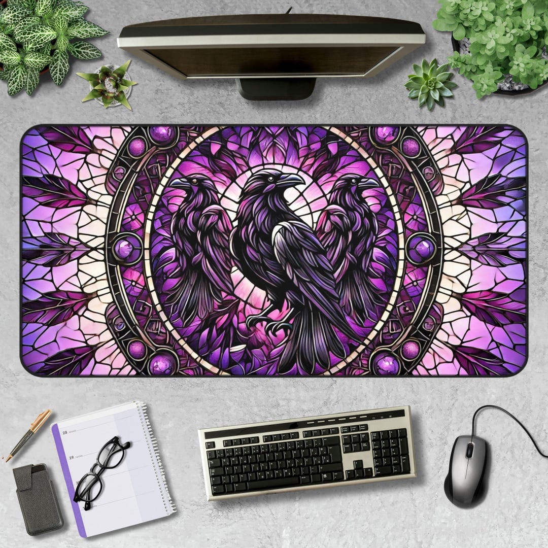 Gothic Crows Desk Mat, Stained Glass Raven Gothic Cubicle Decor, Gothic ...