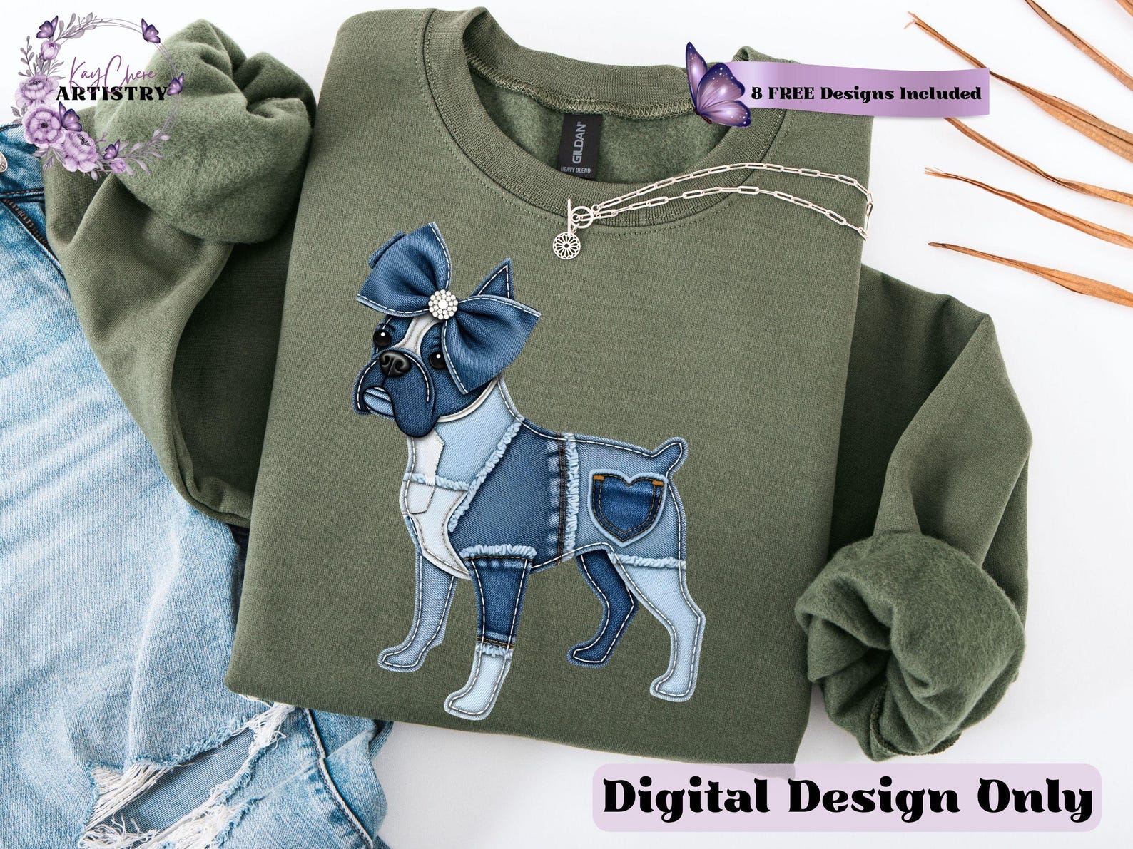 Denim Patchwork Dog PNG, Boxer Dog Jean Stitch Sublimation Design, Blue ...