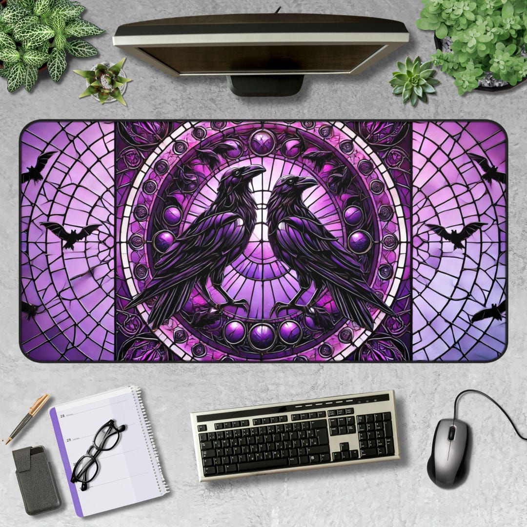 Gothic Ravens Desk Mat, Stained Glass Raven Gothic Cubicle Decor ...