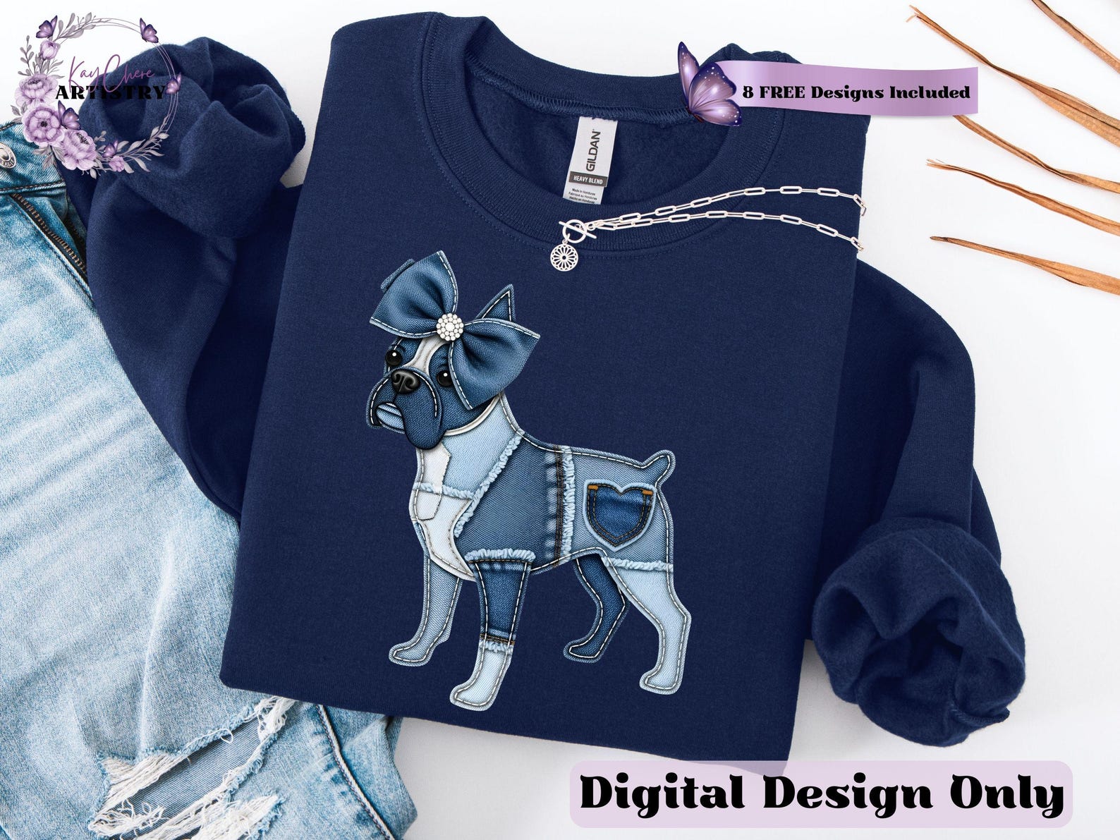 Denim Patchwork Dog PNG, Boxer Dog Jean Stitch Sublimation Design, Blue ...