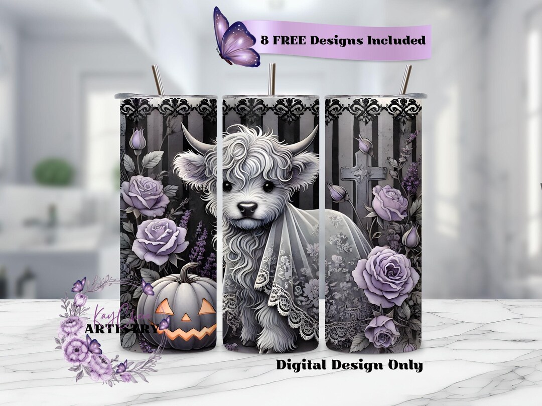 Cute Ghoul Halloween Highland Cow Tumbler Wrap, Spooky Cute 20oz Skinny ...