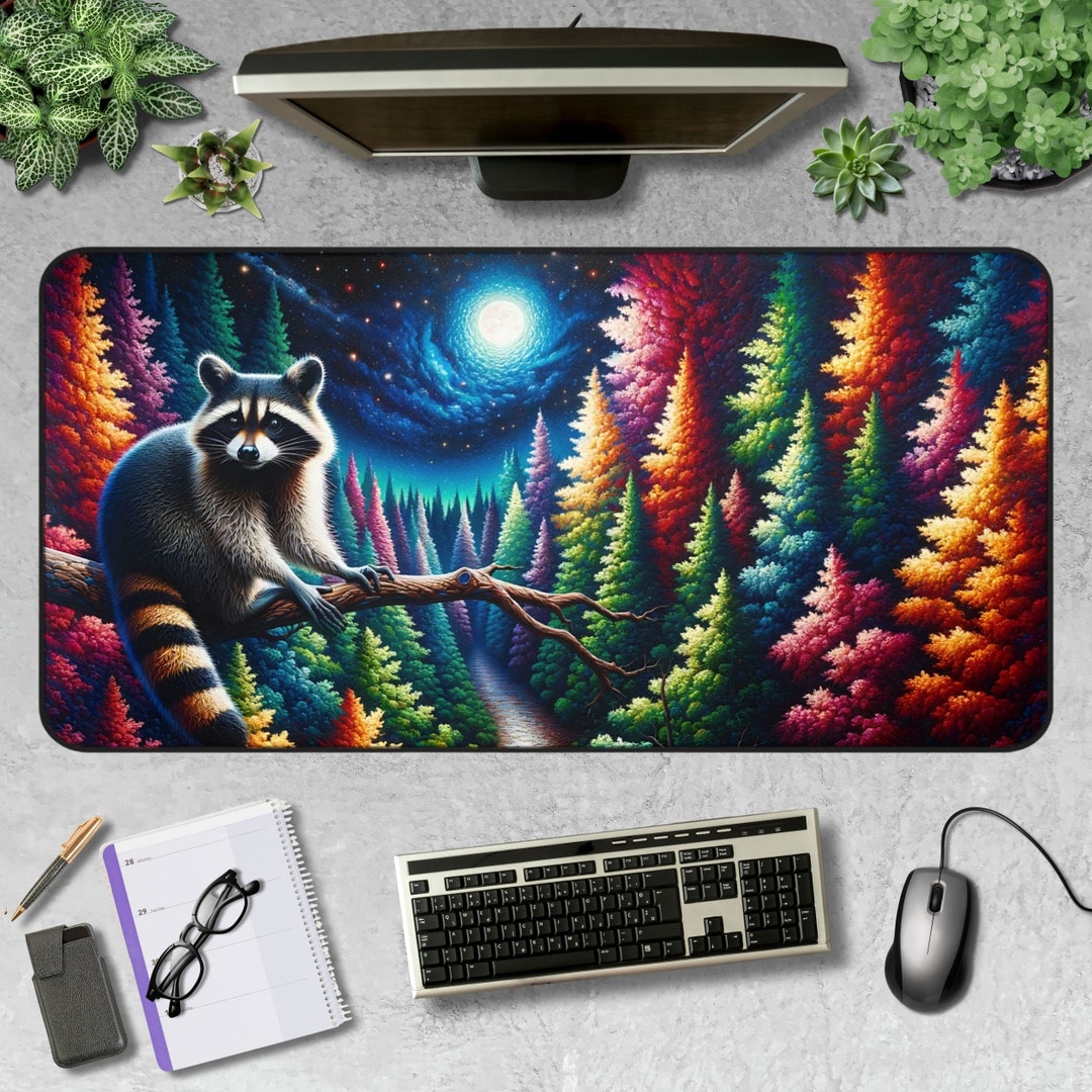Raccoon Desk Mat, Moonlit Raccoon Mousepad, Colorful Raccoon Neoprene ...