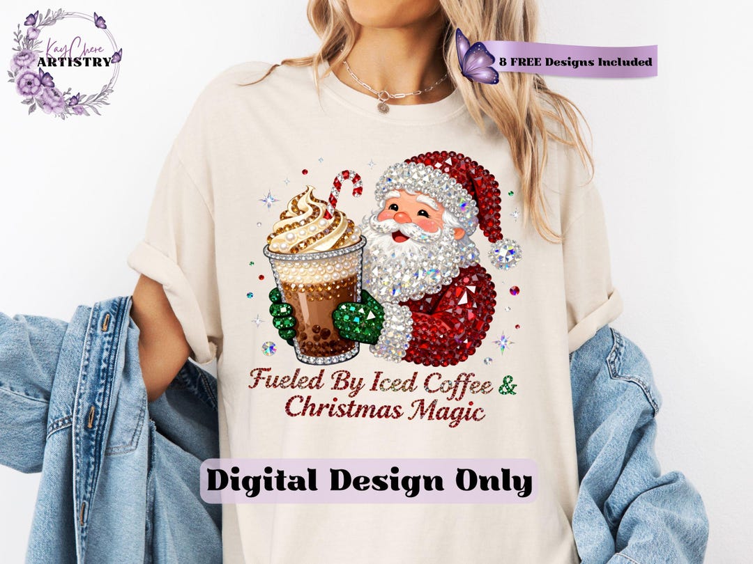 Faux Rhinestone Santa PNG, Iced Coffee Santa Sublimation, Coffee Lover ...