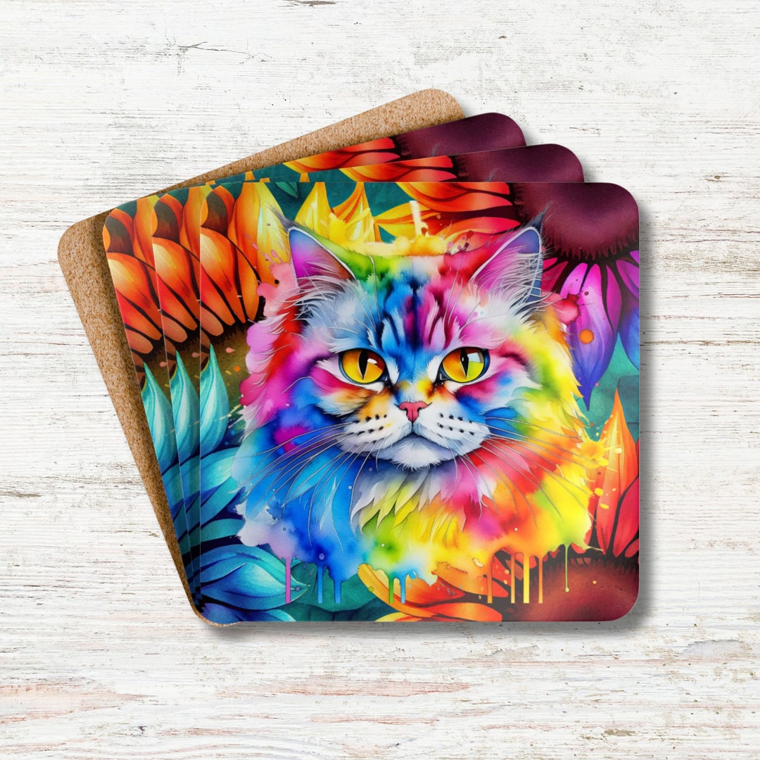 Modern Art Cat Face Corkwood Drink Coaster Set, Contemporary Art Cat ...