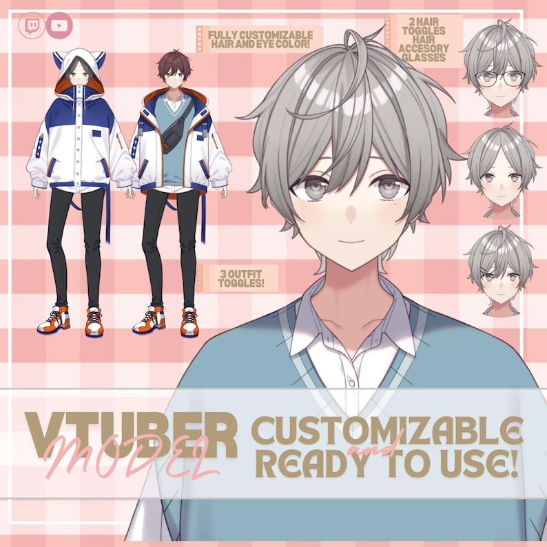 Male Vtuber Model Live2d, Customizable Premade Rigged, 7 Expressions, 3 ...