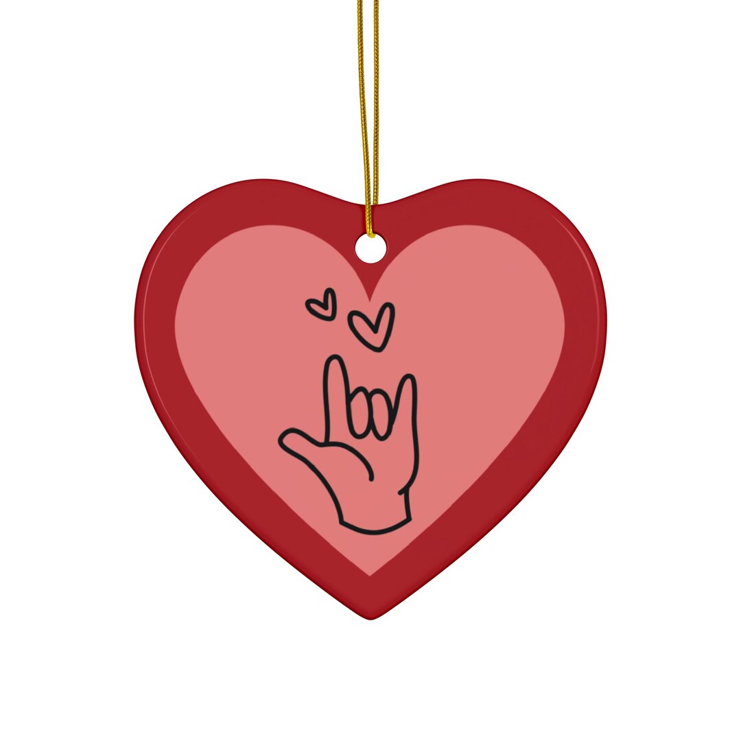 Heart Shaped Ceramic Ornament, Red, ASL I Love You Sign, Holiday ...