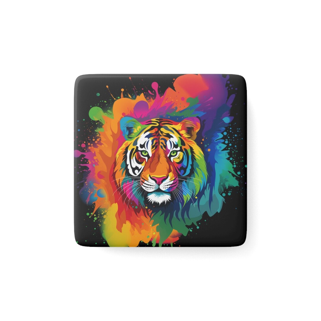 Rainbow Tiger Porcelain Magnet / Square Fridge Magnet / Gift for Animal ...