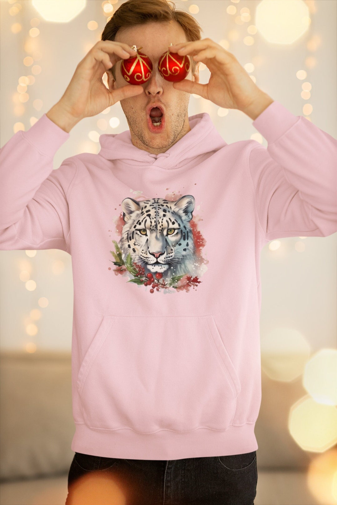 Holiday Snow Leopard Hoodie / Cozy Hooded Sweatshirt / Gifts for Animal ...