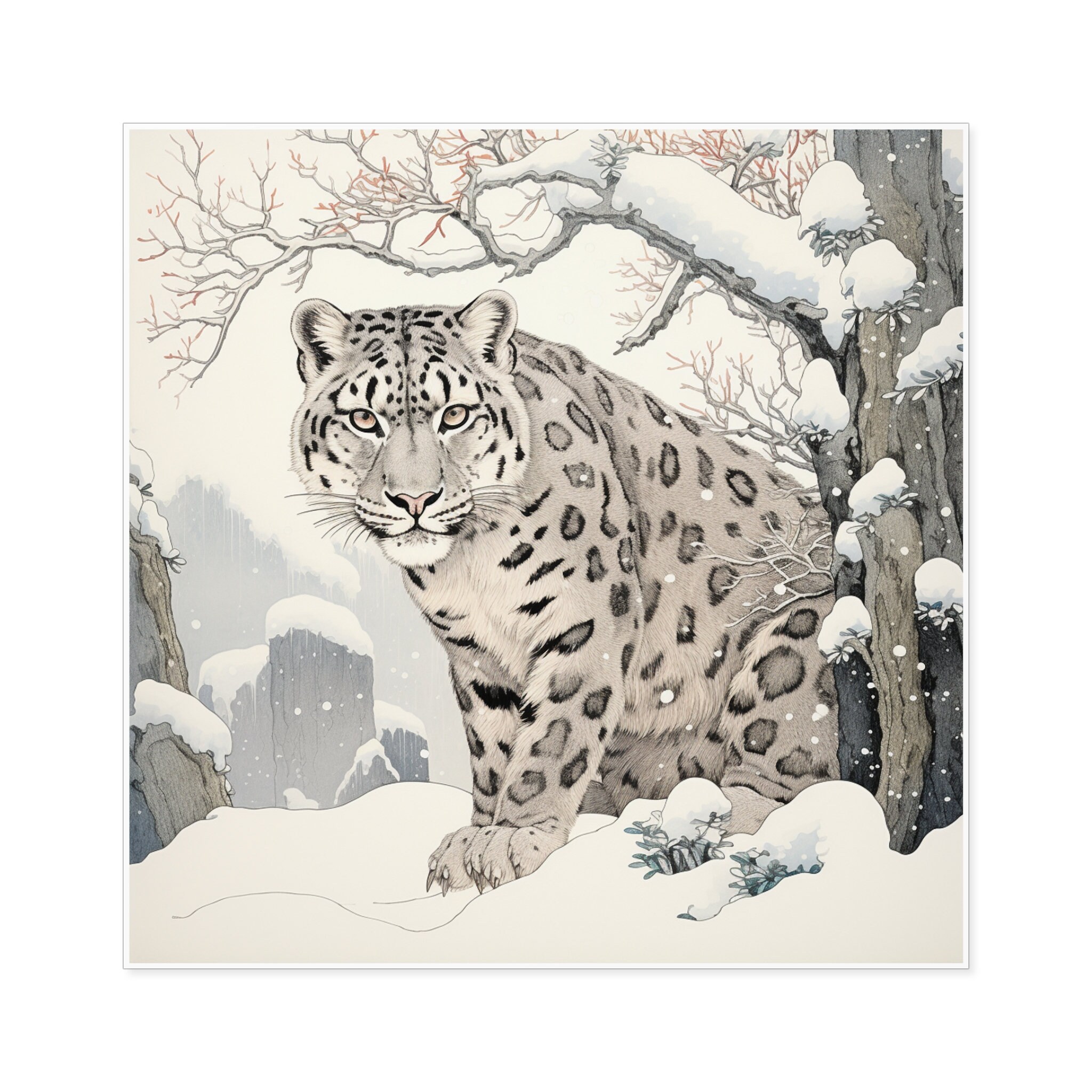 Snow Leopard Sticker / Ukiyo-e Style Art / Square Vinyl Indoor Outdoor ...