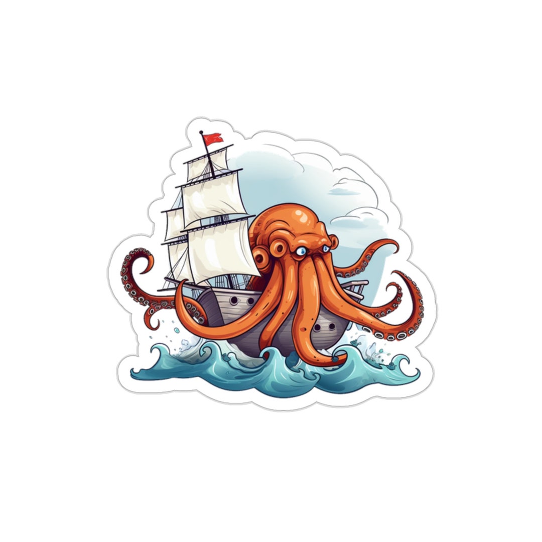 Orange Kraken on Ship Sticker / Vinyl Indoor Outdoor / Gift for ...