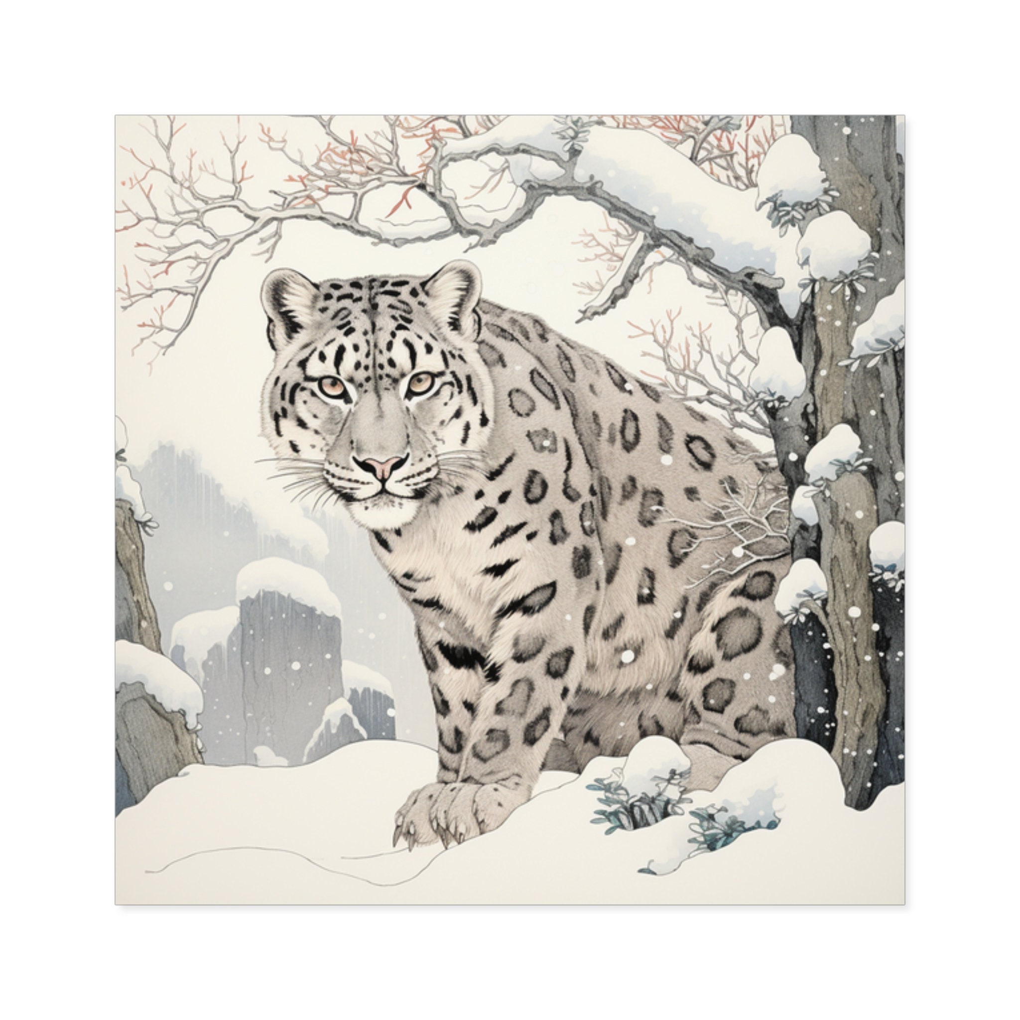 Snow Leopard Ukiyo-e Sticker | Square Vinyl | Japanese Art Style | Big ...