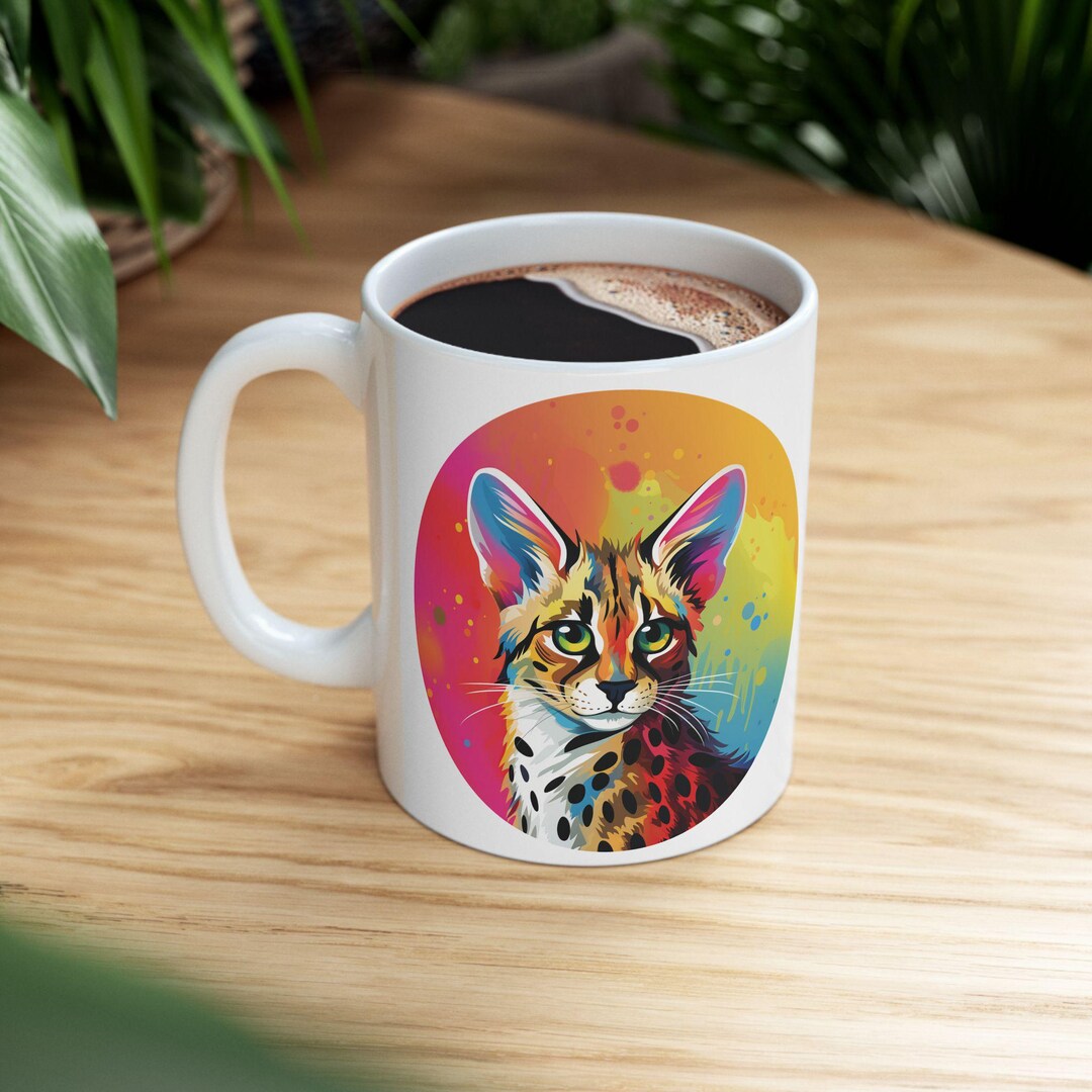 Serval Cat Ceramic Mug / Rainbow Background / Mug for Cat Lovers ...