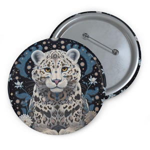 Folk Art Snow Leopard Pin Buttons, Unique Animal Lover Gift, Custom ...
