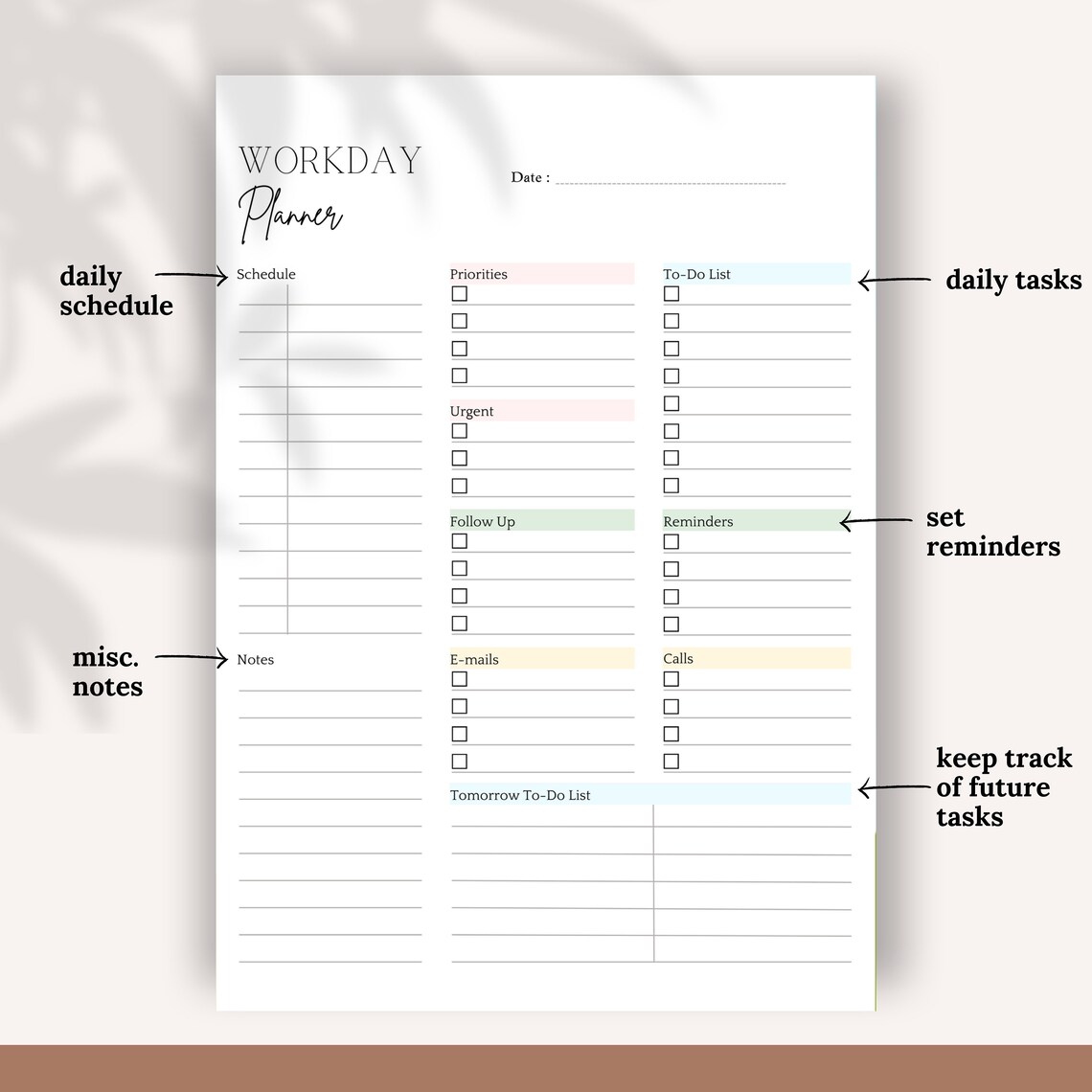 Daily Work Planner, Digital Download Printable, Work From Home ...
