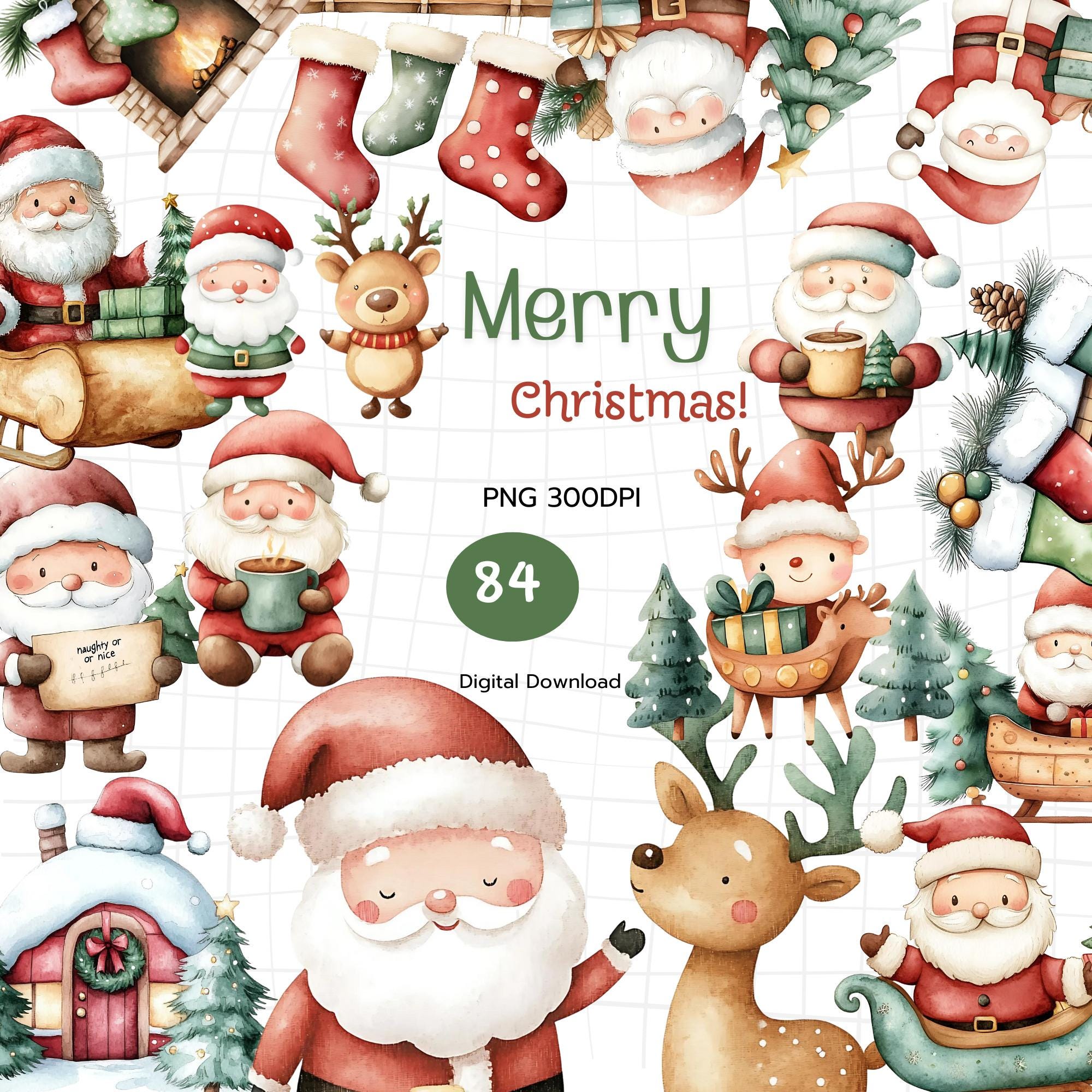 84 Watercolor Christmas Clip Art PNG Bundle, Good for Card, Invitation ...
