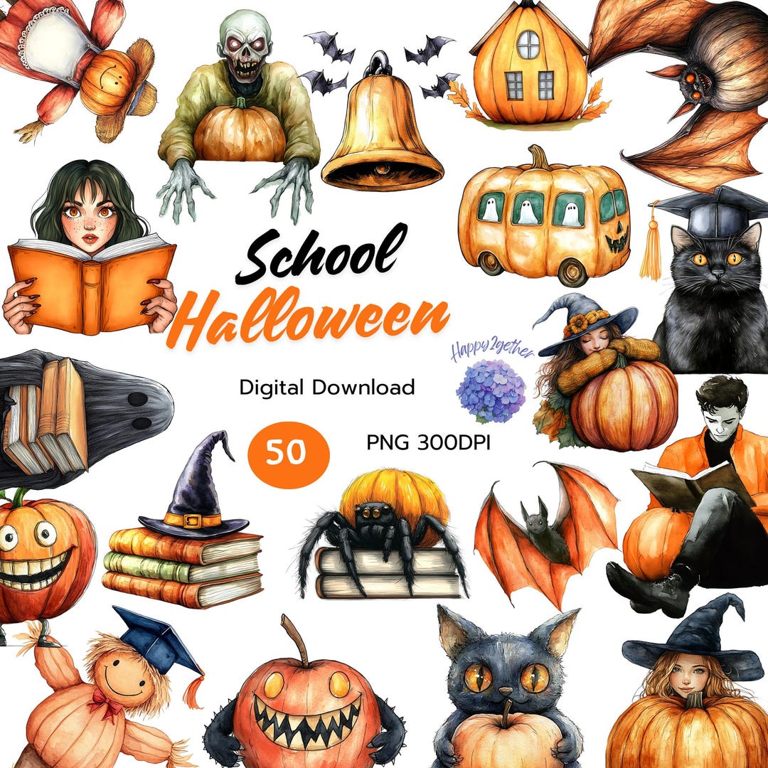 Watercolor Halloween Clip Art | School-themed Spooky Designs | Instant ...