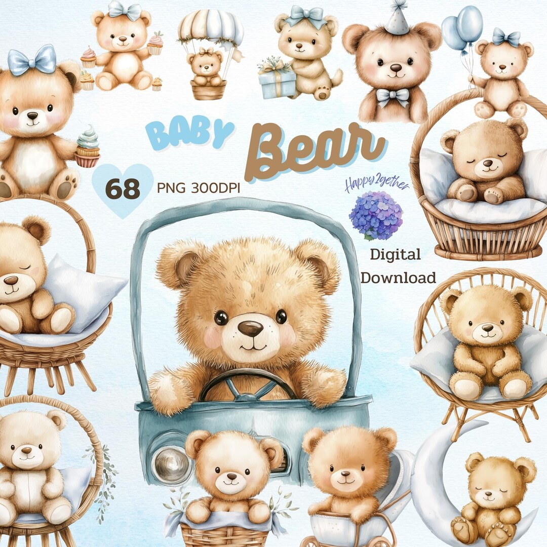 68 Cute Baby Bear Watercolor Clip Art, Digital Download for Nursery ...