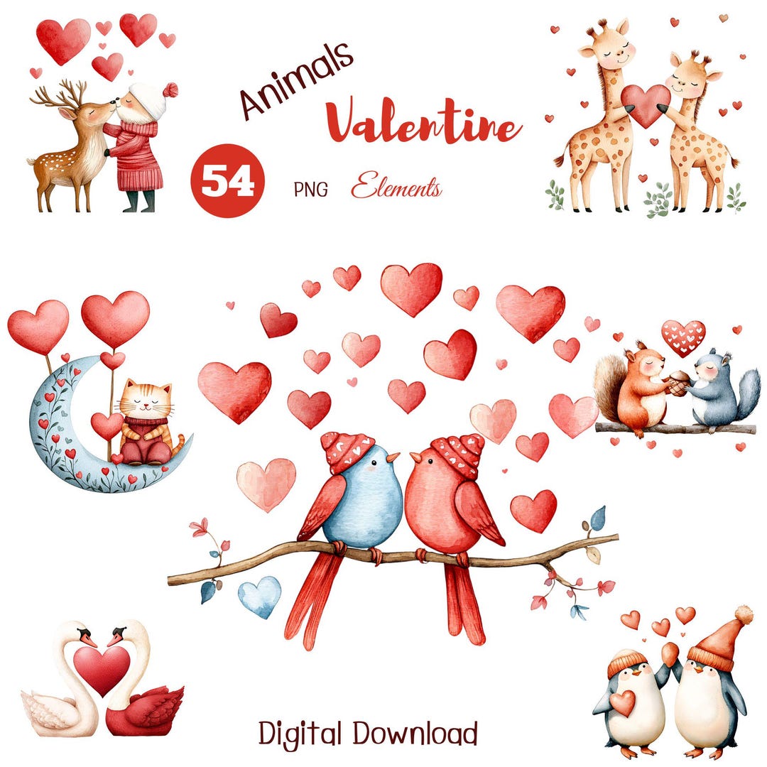 Watercolor Animal Couple Valentine Clip Art Set - Romantic Wildlife ...