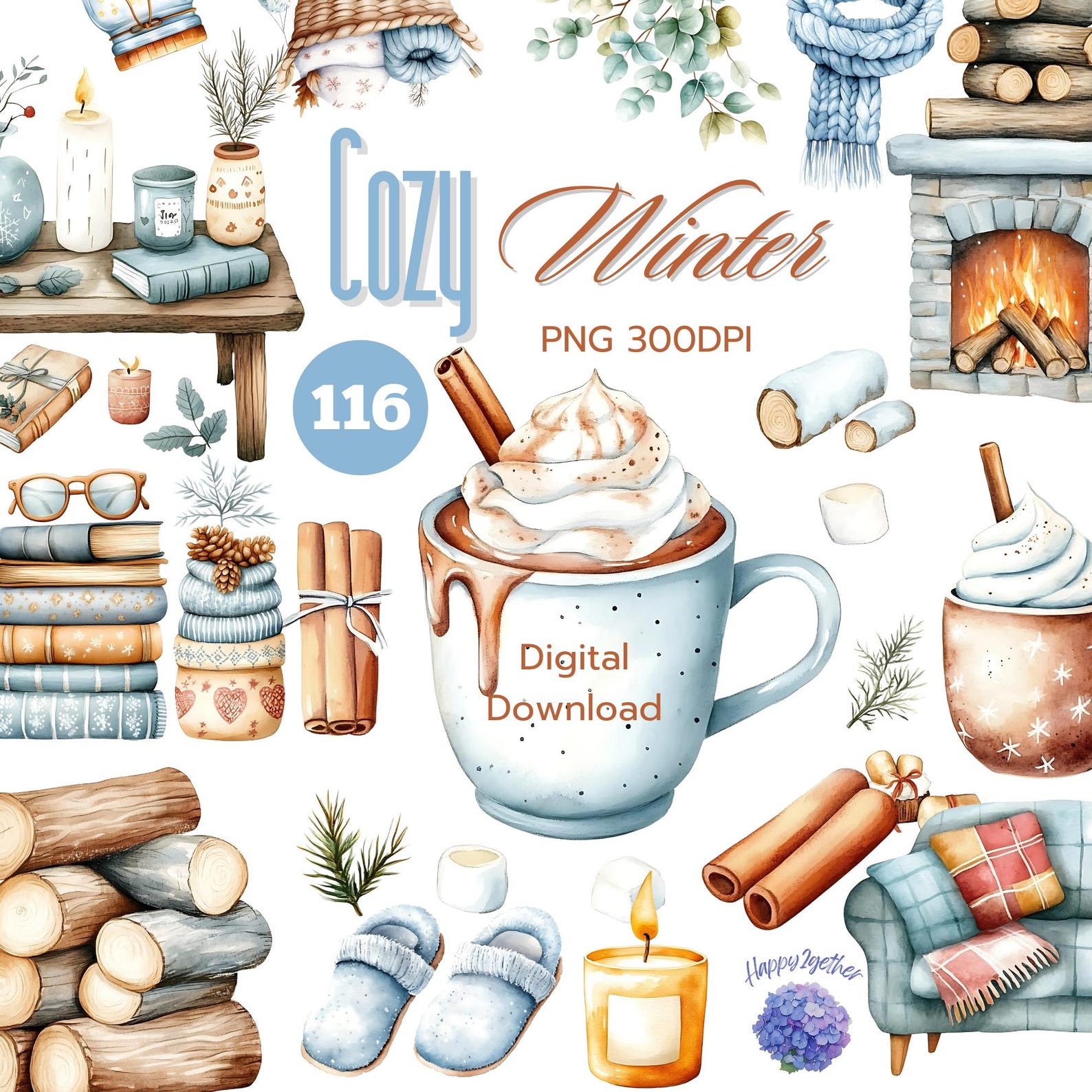 116cozy Winter Hygge Watercolor Clip Art Bundle, Hand Painted Holiday ...