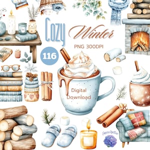116cozy Winter Hygge Watercolor Clip Art Bundle, Hand Painted Holiday ...