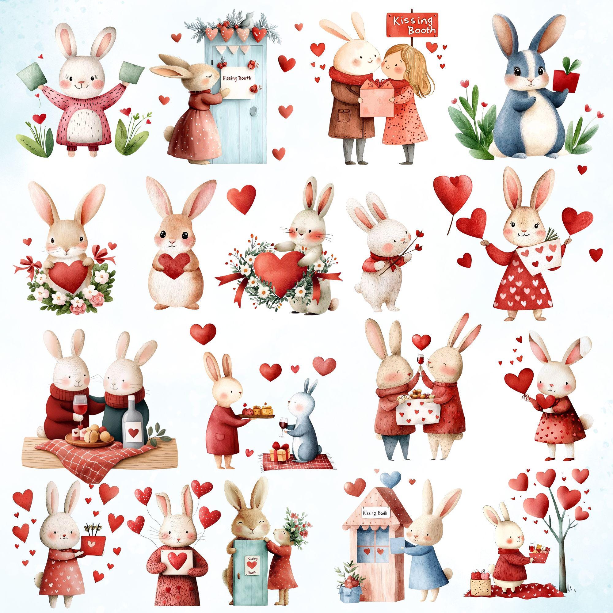 71 Cute Watercolor Rabbit Valentine PNG Bundle for Cards, Nursery Art ...