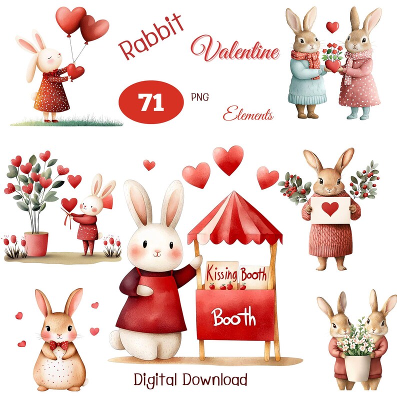 71 Cute Watercolor Rabbit Valentine PNG Bundle for Cards, Nursery Art ...