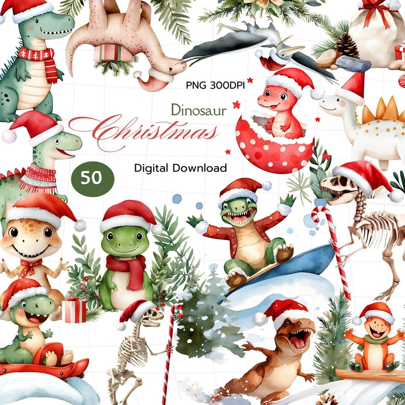 50watercolor Dinosaur Christmas Clip Art Bundle - Cute Festive Dino ...