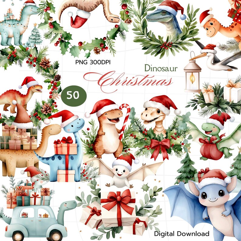 50watercolor Dinosaur Christmas Clip Art Bundle - Cute Festive Dino ...