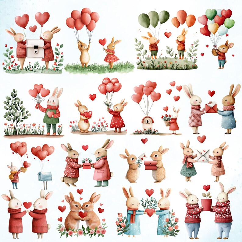 71 Cute Watercolor Rabbit Valentine PNG Bundle for Cards, Nursery Art ...