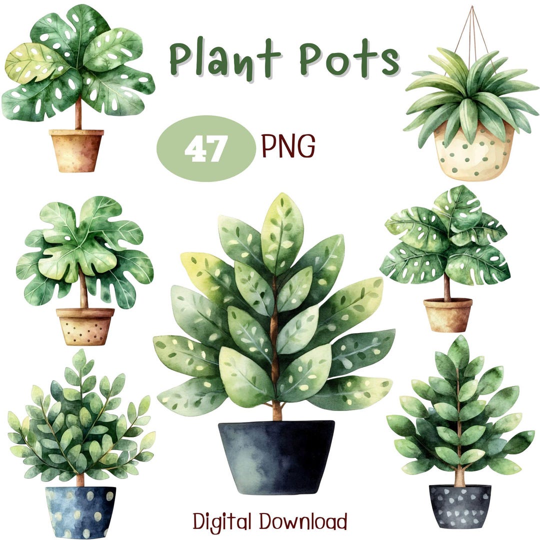 Watercolor Plant Pots Clipart Bundle - 47 PNG Files 300 DPI ...