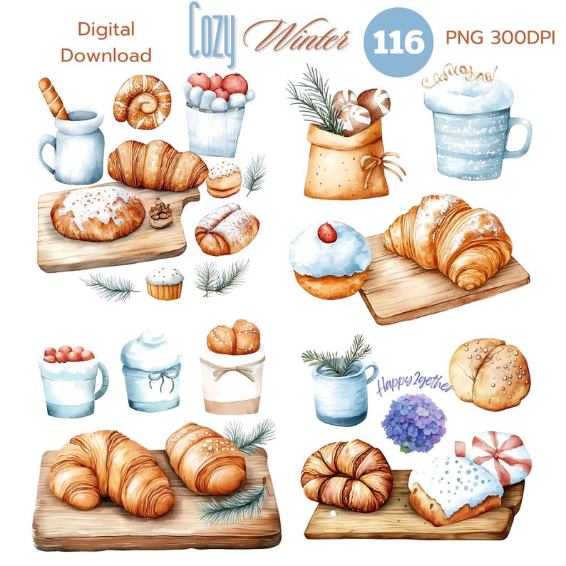 116cozy Winter Hygge Watercolor Clip Art Bundle, Hand Painted Holiday ...