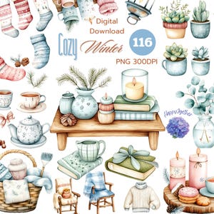 116cozy Winter Hygge Watercolor Clip Art Bundle, Hand Painted Holiday ...
