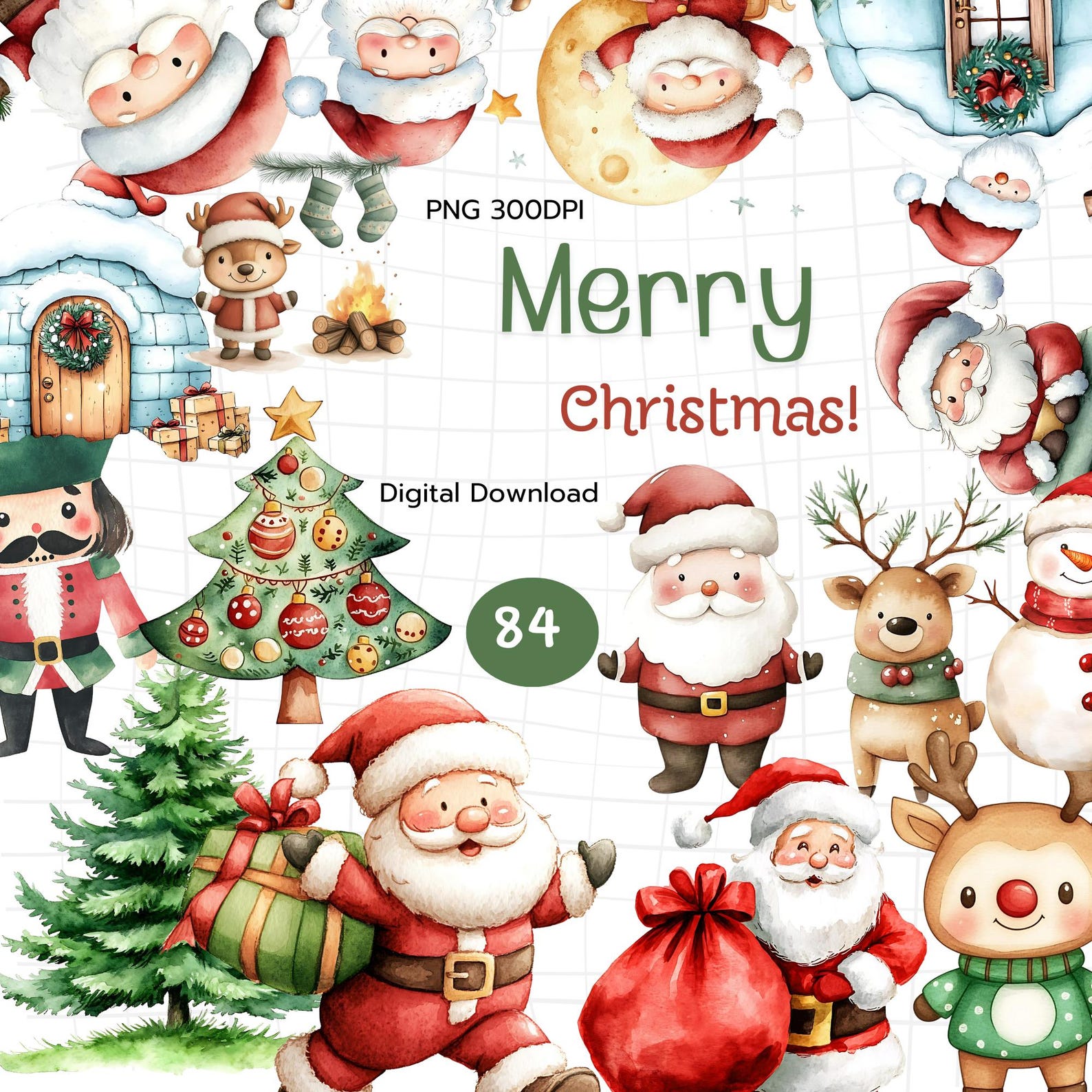 84 Watercolor Christmas Clip Art PNG Bundle, Good for Card, Invitation ...