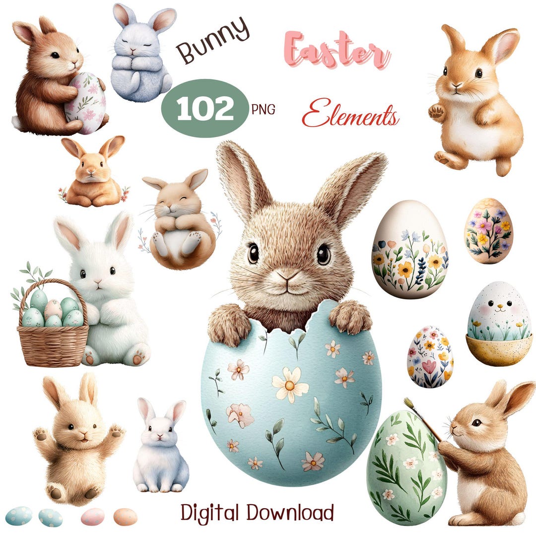 Watercolor Bunny Easter Clip Art Set - Adorable Spring Rabbit ...