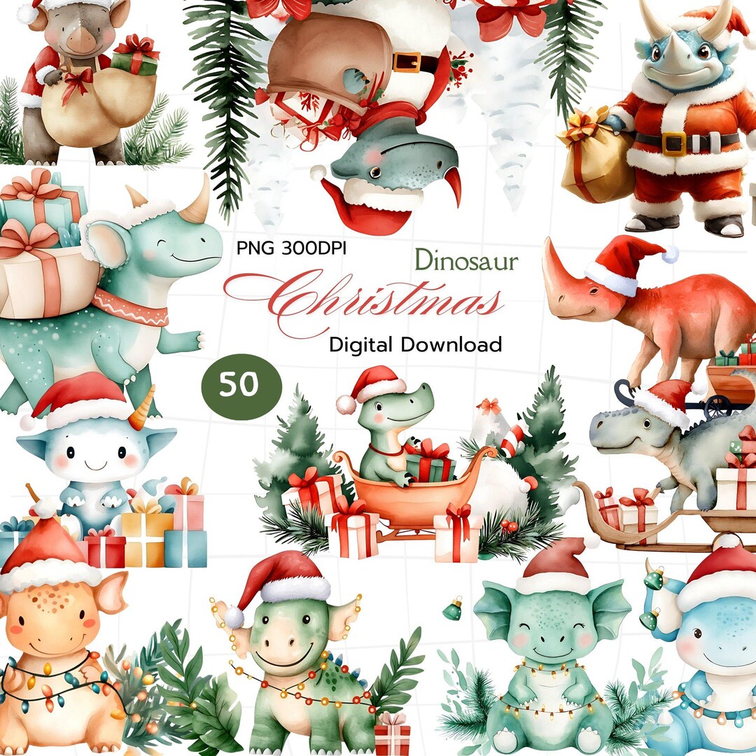 50watercolor Dinosaur Christmas Clip Art Bundle - Cute Festive Dino ...