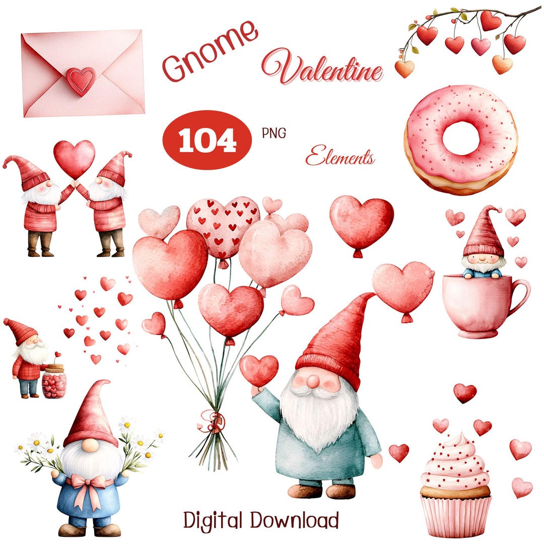 Watercolor Gnome Valentine Clip Art Bundle - 104 PNG Files - Cute ...