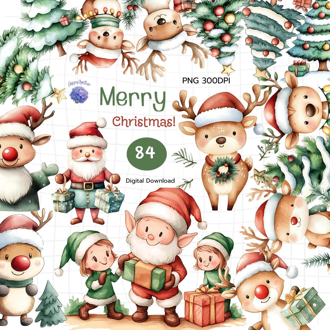 84 Watercolor Christmas Clip Art PNG Bundle, Good for Card, Invitation ...