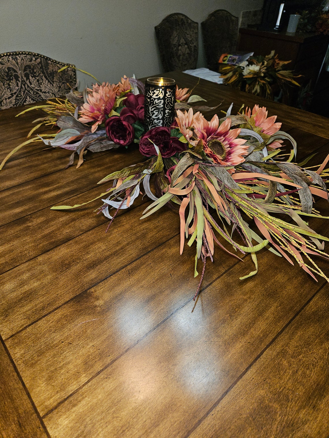 Rustic Fall Table Centerpiece With Sunflowers, Autumn Leaves and Candle ...