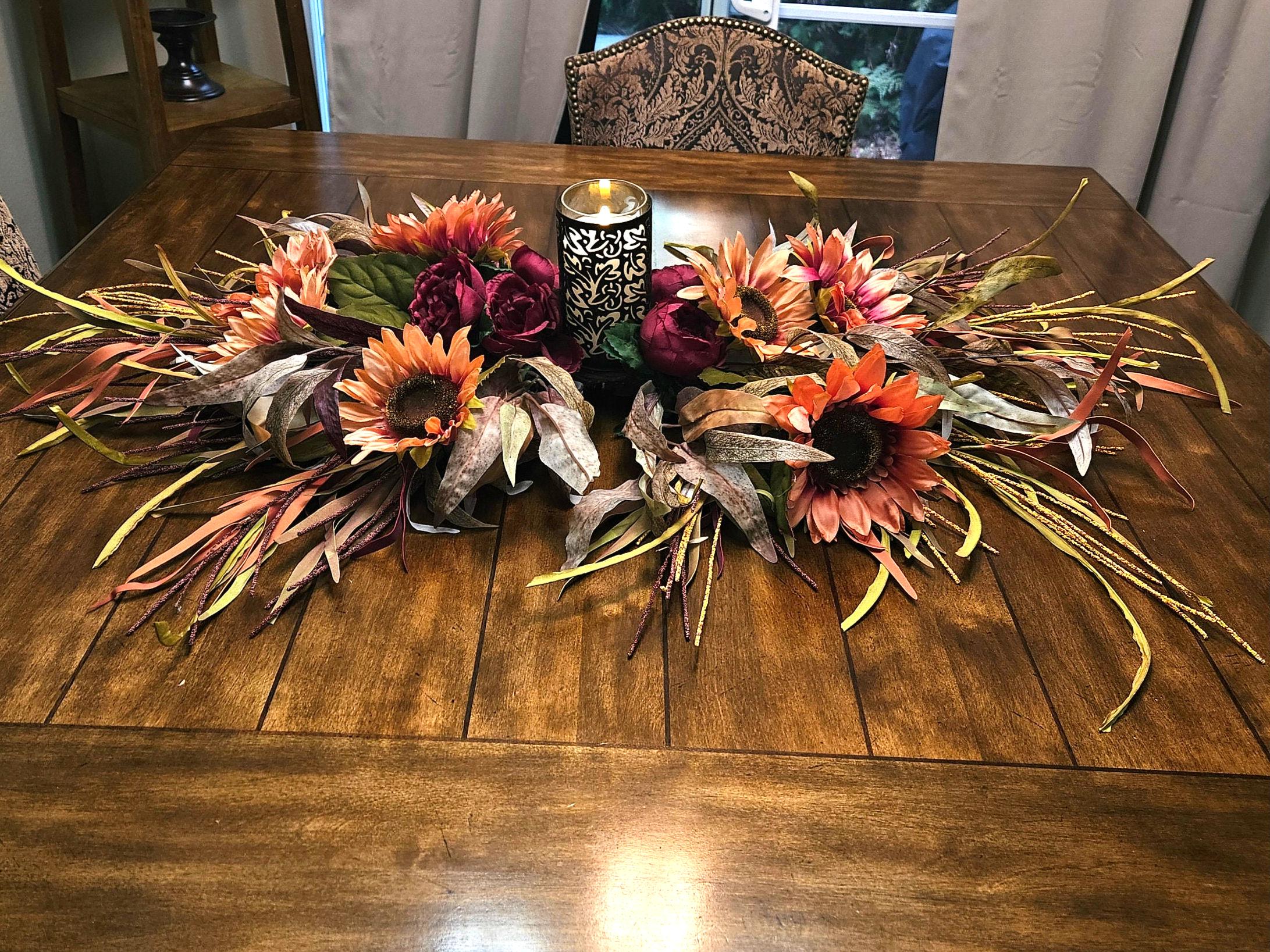 Rustic Fall Table Centerpiece With Sunflowers, Autumn Leaves and Candle ...